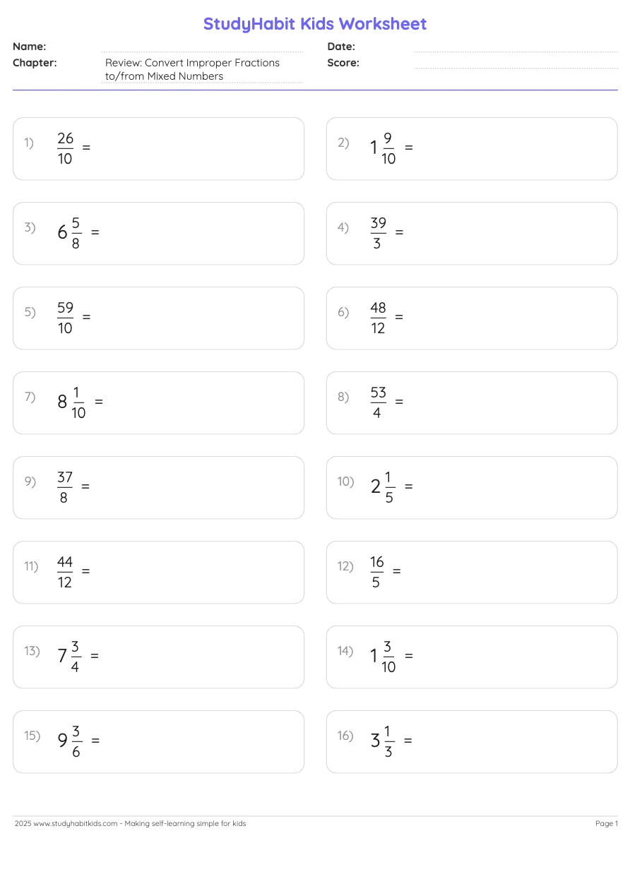 Fourth Grade Fractions Review: Convert Improper Fractions to/from Mixed ...