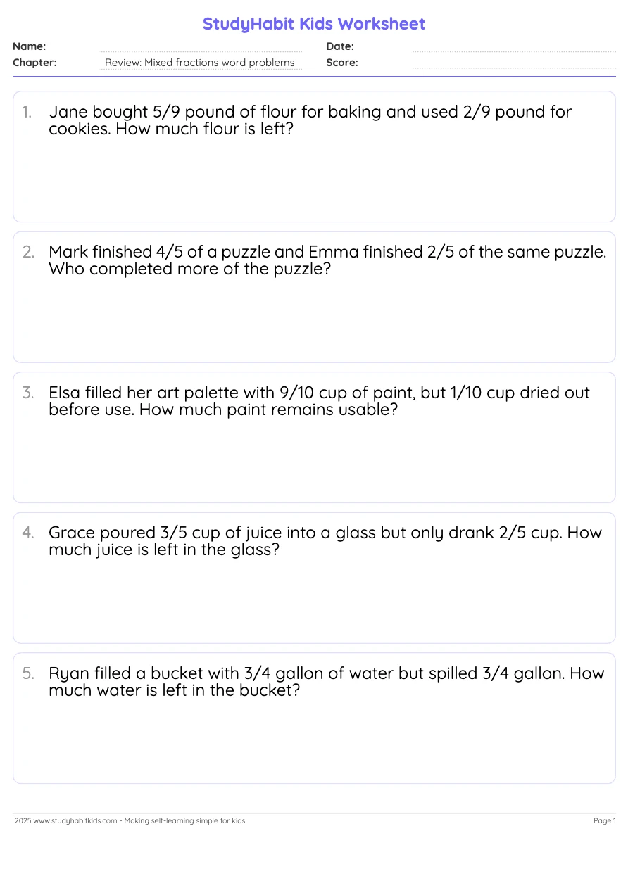 Fourth Grade Fractions Review: Mixed fractions word problems worksheet ...