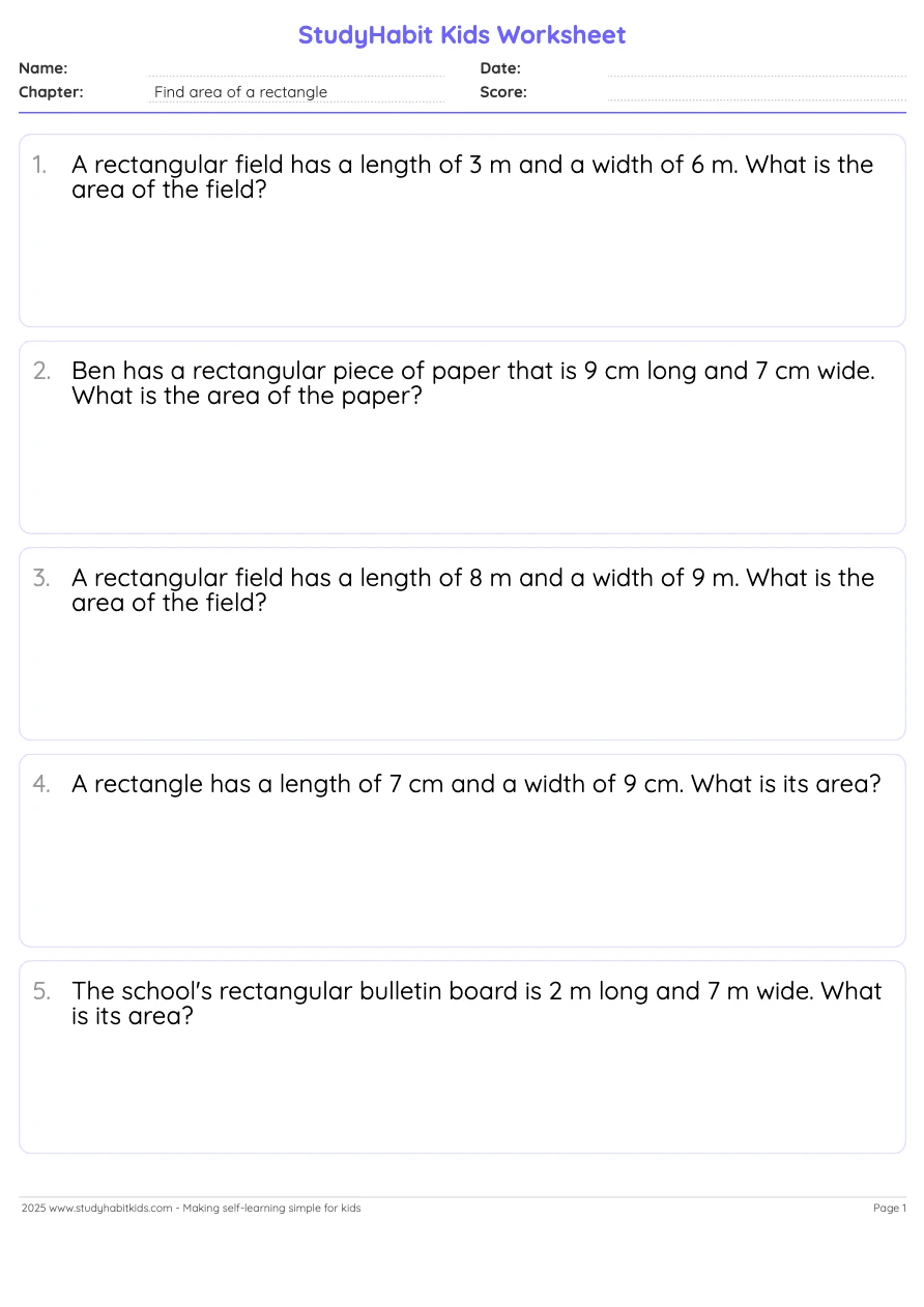 Fourth Grade Measurement Find area of a rectangle worksheet preview ...
