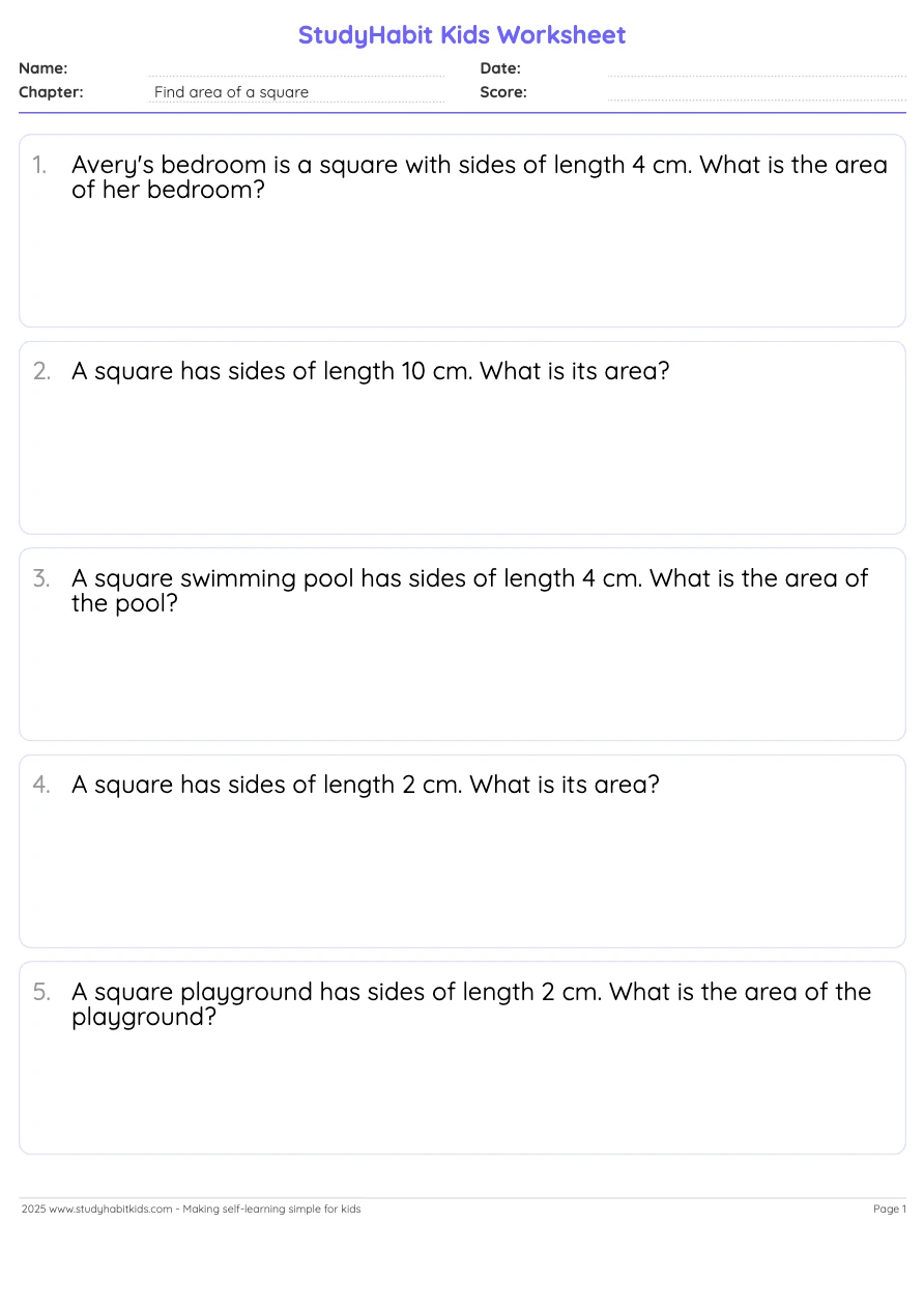 Fourth Grade Measurement Find area of a square worksheet preview - Free ...