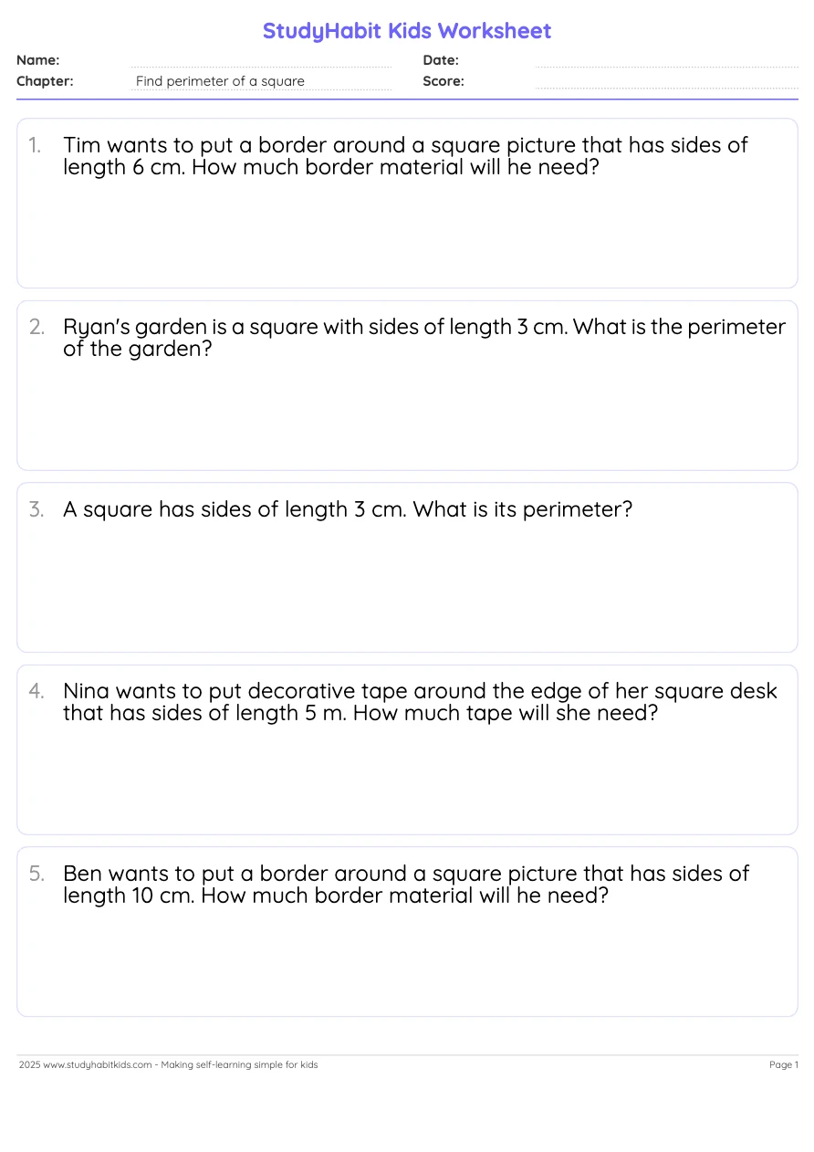 Fourth Grade Measurement Find perimeter of a square worksheet preview ...