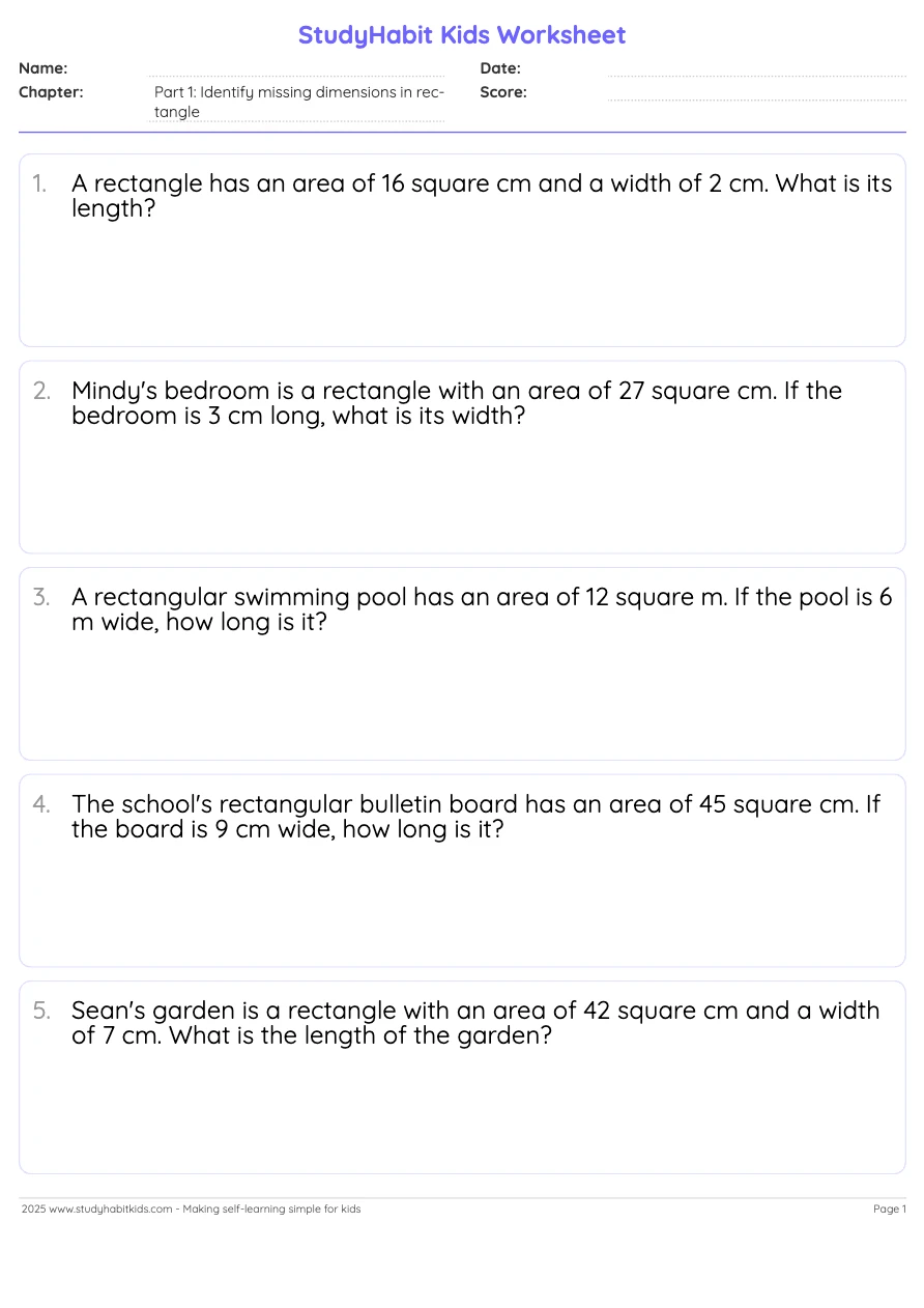 Fourth Grade Measurement Given area, find missing dimensions in ...
