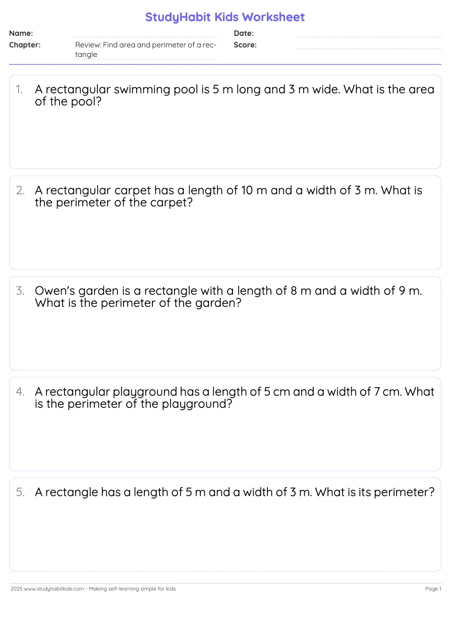 Fourth Grade Measurement Review: Find area and perimeter of a rectangle ...
