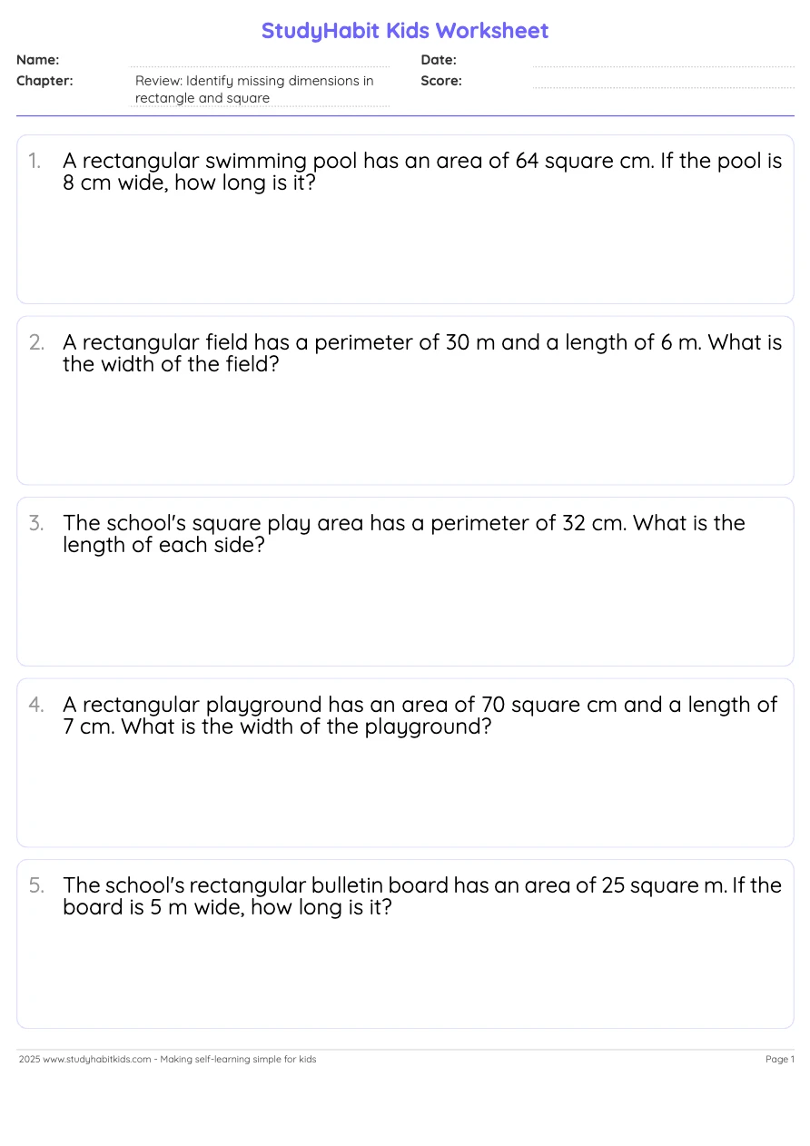 Fourth Grade Measurement Review: Identify missing dimensions in ...