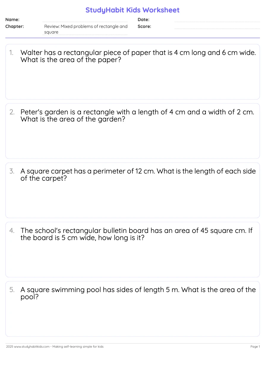 Fourth Grade Measurement Review: Mixed problems of rectangle and square ...