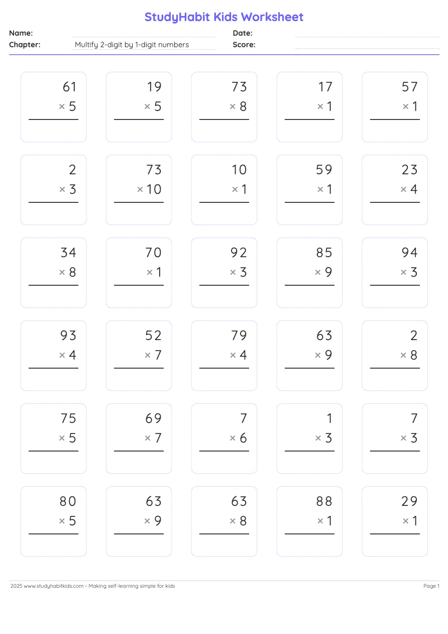 Fourth Grade Multiplication Multify 2-digit by 1-digit numbers ...