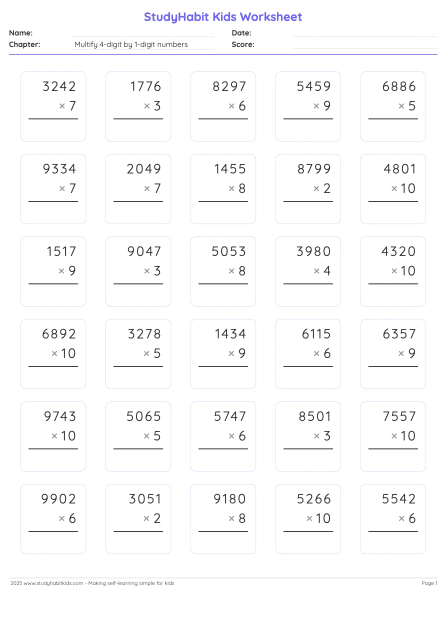 Fourth Grade Multiplication Multify 4-digit by 1-digit numbers ...