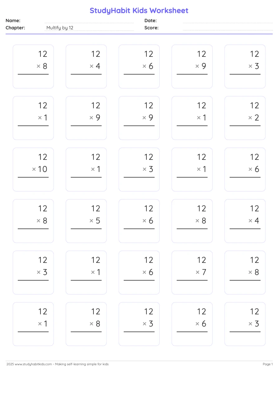 Fourth Grade Multiplication Multify by 12 worksheet preview - Free ...