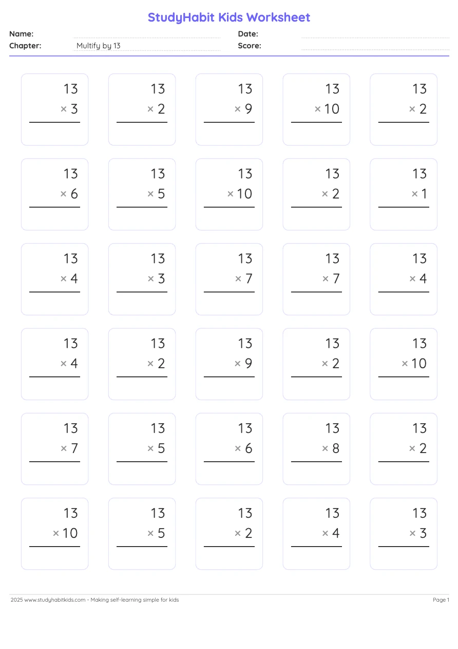 Fourth Grade Multiplication Multify by 13 worksheet preview - Free ...