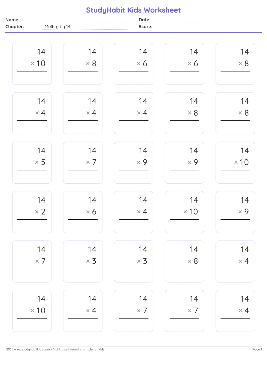 Fourth Grade Multiplication Multify by 14 worksheet preview - Free ...