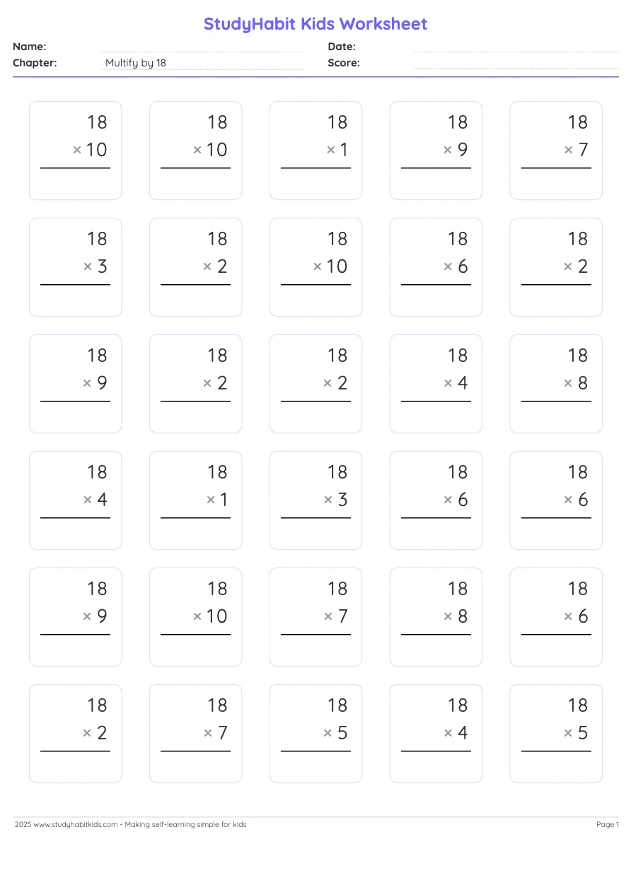 Fourth Grade Multiplication Multify by 18 worksheet preview - Free ...