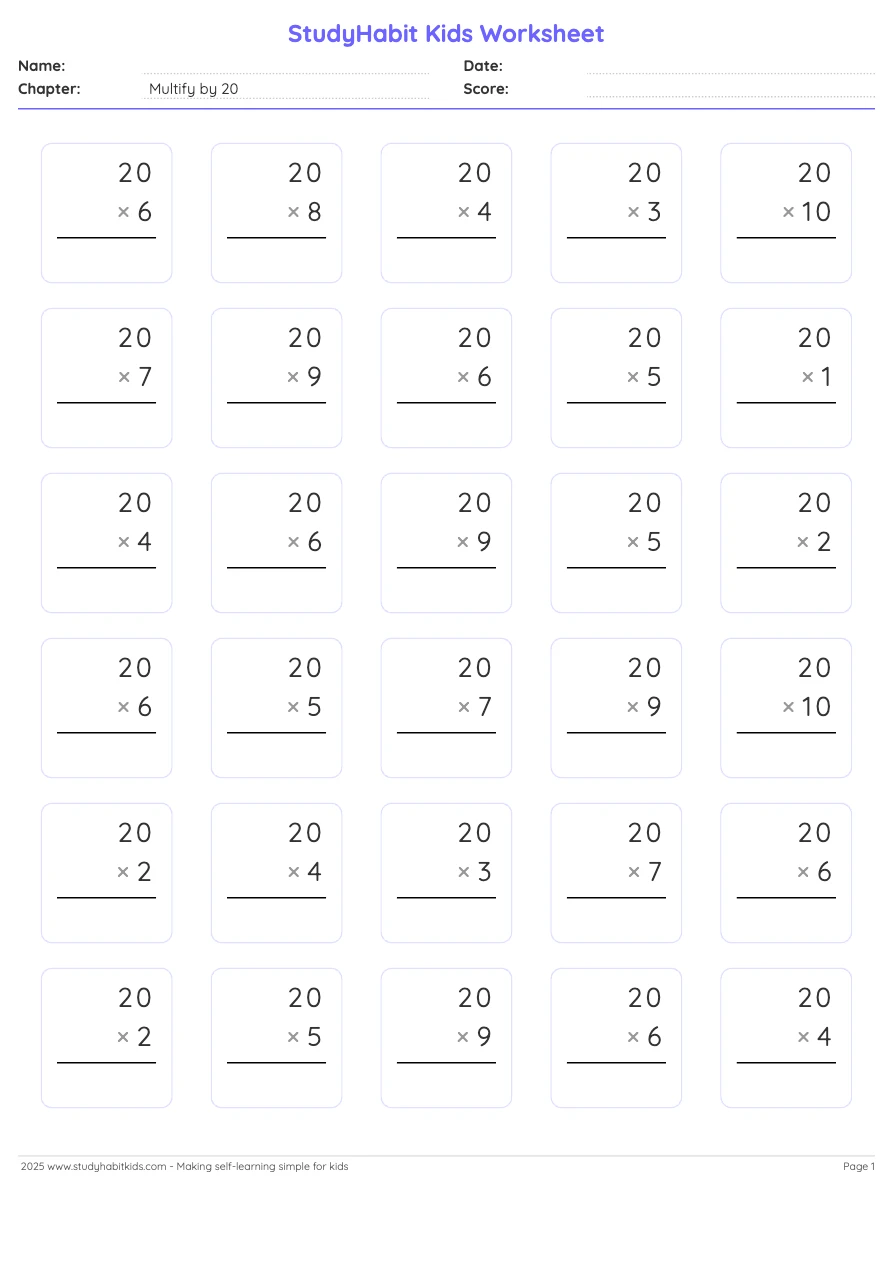 Fourth Grade Multiplication Multify by 20 worksheet preview - Free ...