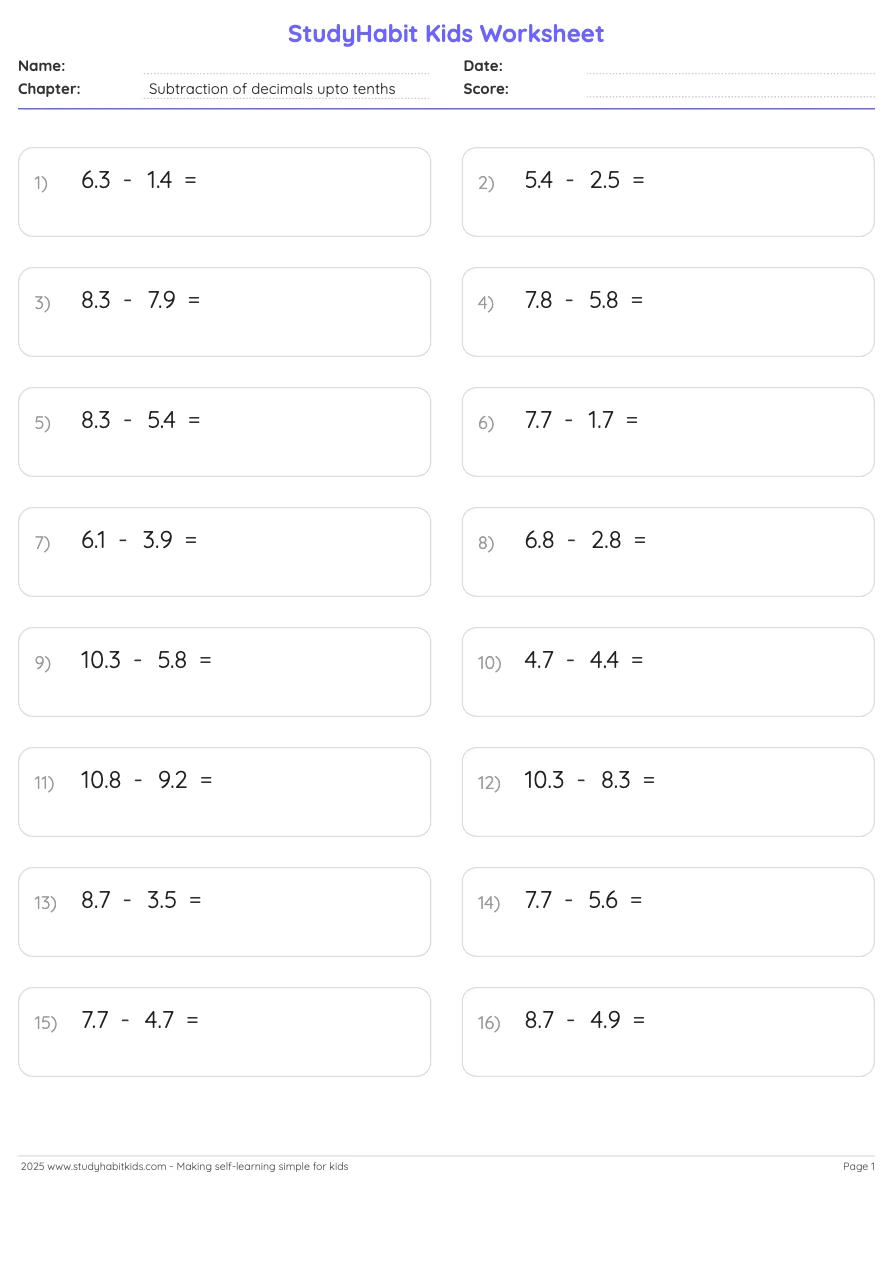 Fourth Grade Subtraction Subtraction of decimals upto tenths worksheet ...