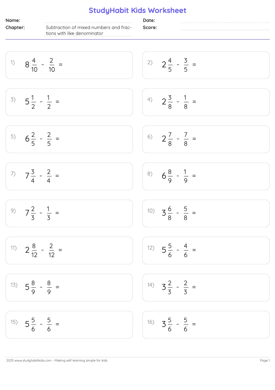 Fourth Grade Subtraction Subtraction of mixed numbers and fractions ...