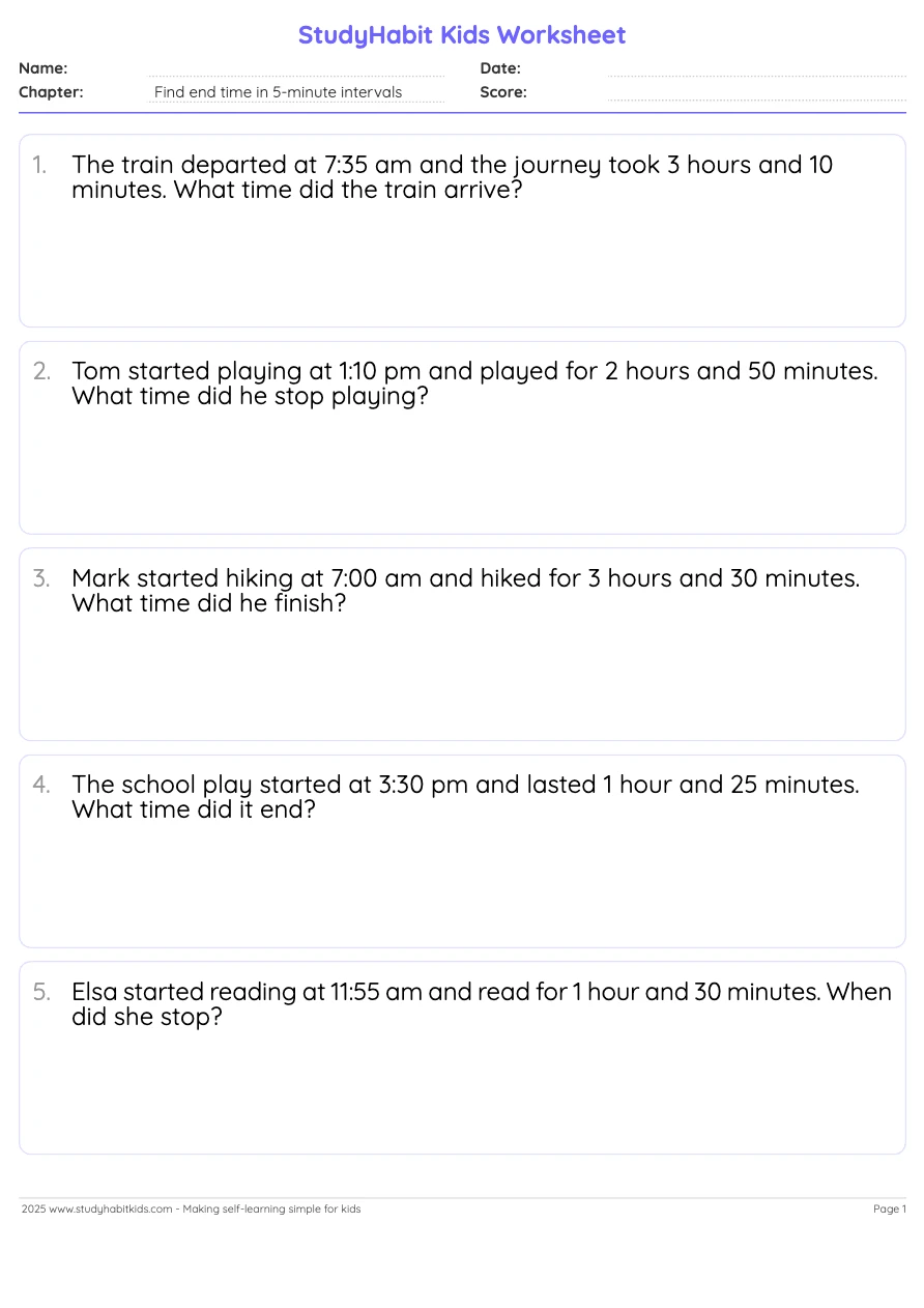 Fourth Grade Time End time in 5-minute intervals worksheet preview ...