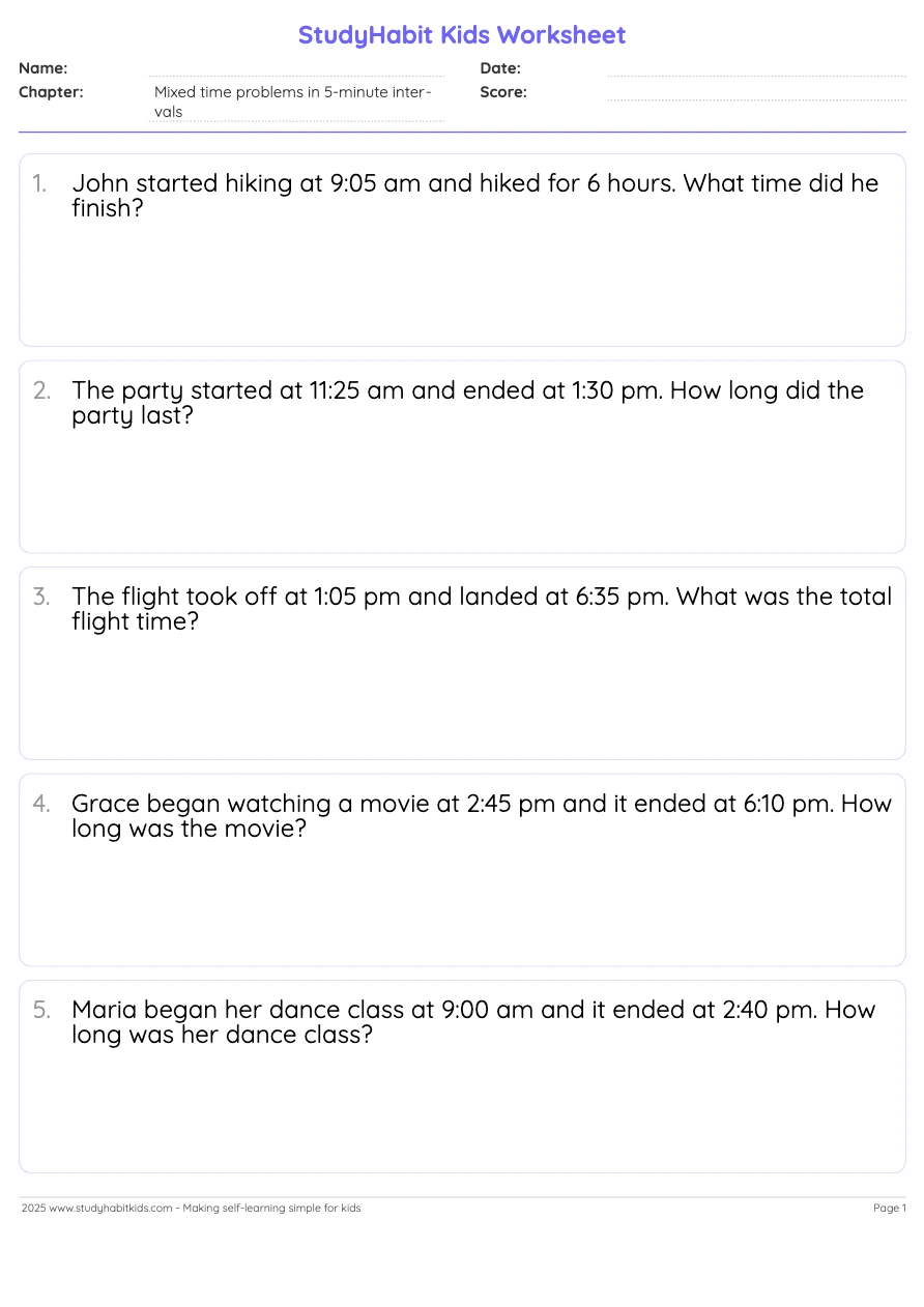 Fourth Grade Time Mixed time problems in 5-minute intervals worksheet ...