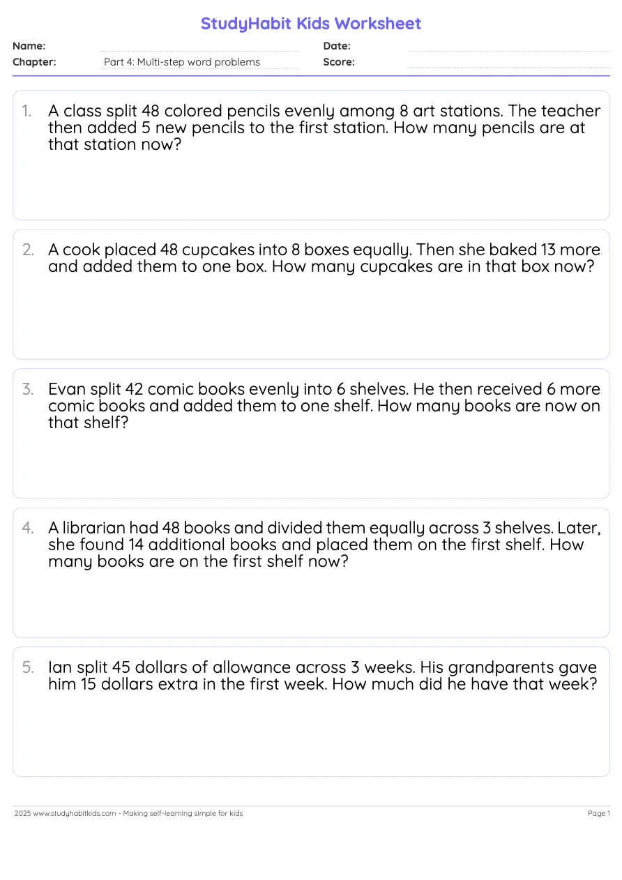Fourth Grade Word Problems Multi-step problems with division followed ...