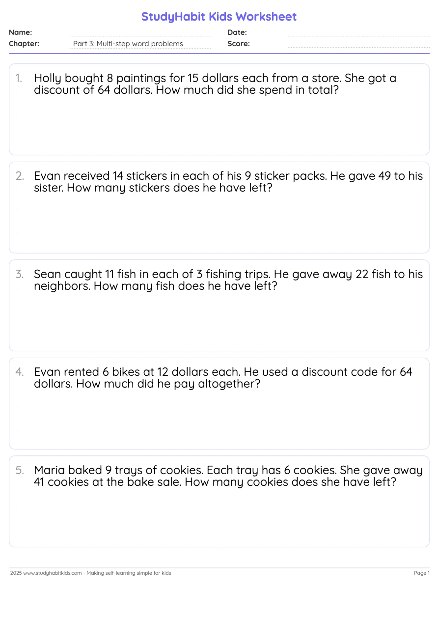 Fourth Grade Word Problems Multi-step problems with multiplication ...