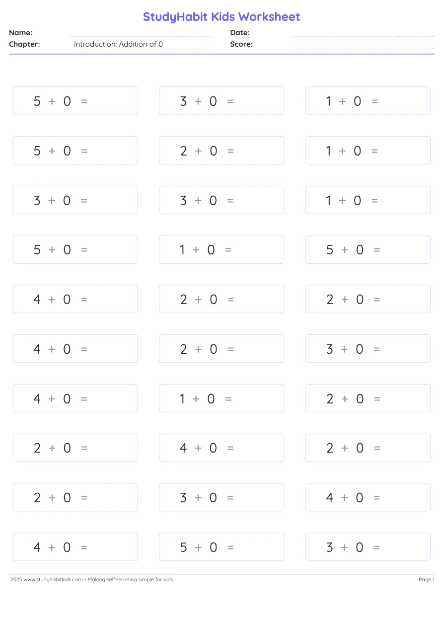 Kindergarten Addition Addition of 0 with numbers upto 5 worksheet ...