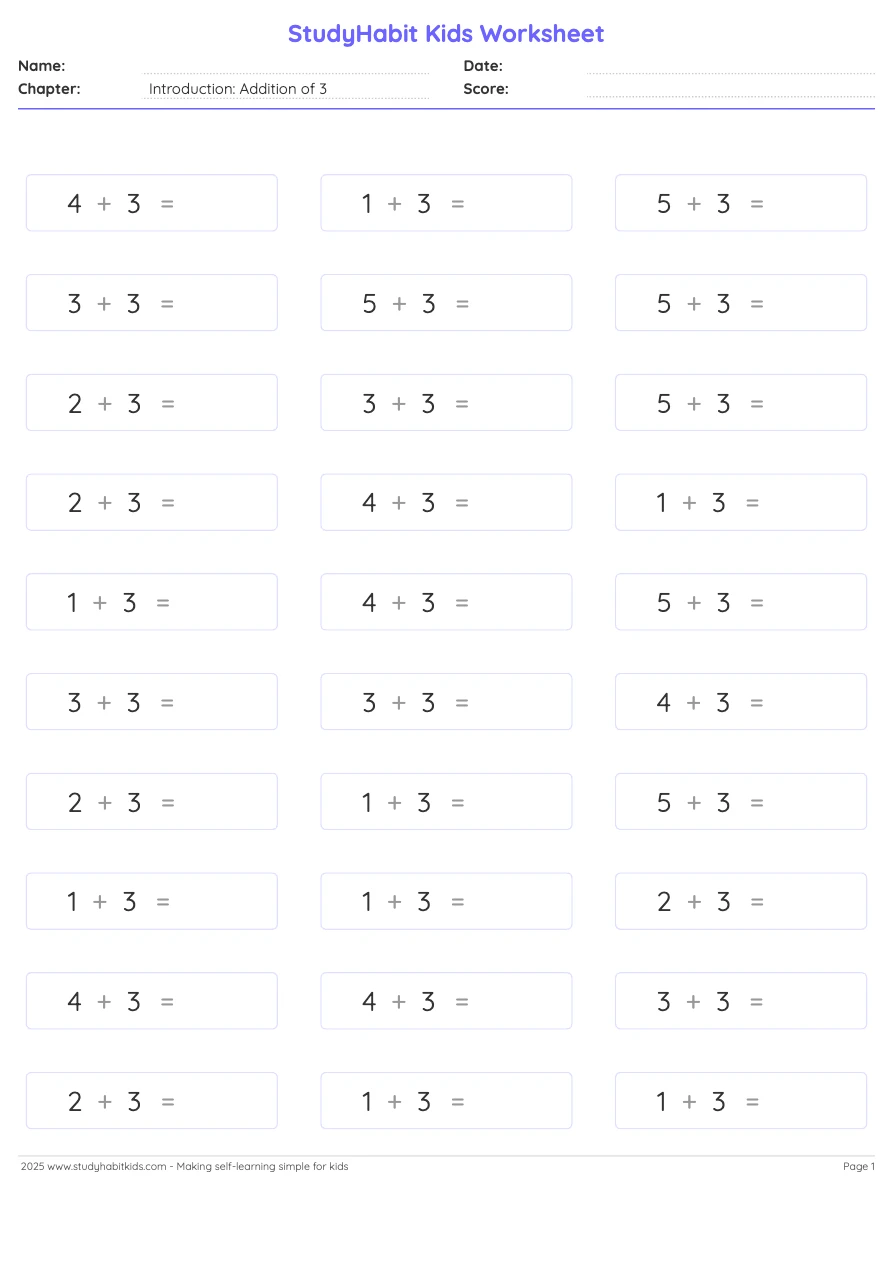 Kindergarten Addition Addition of 3 with numbers upto 5 worksheet ...
