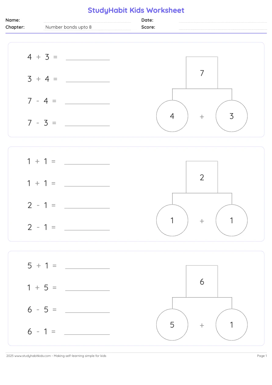 Kindergarten Addition Number bonds upto 8 worksheet preview - Free ...