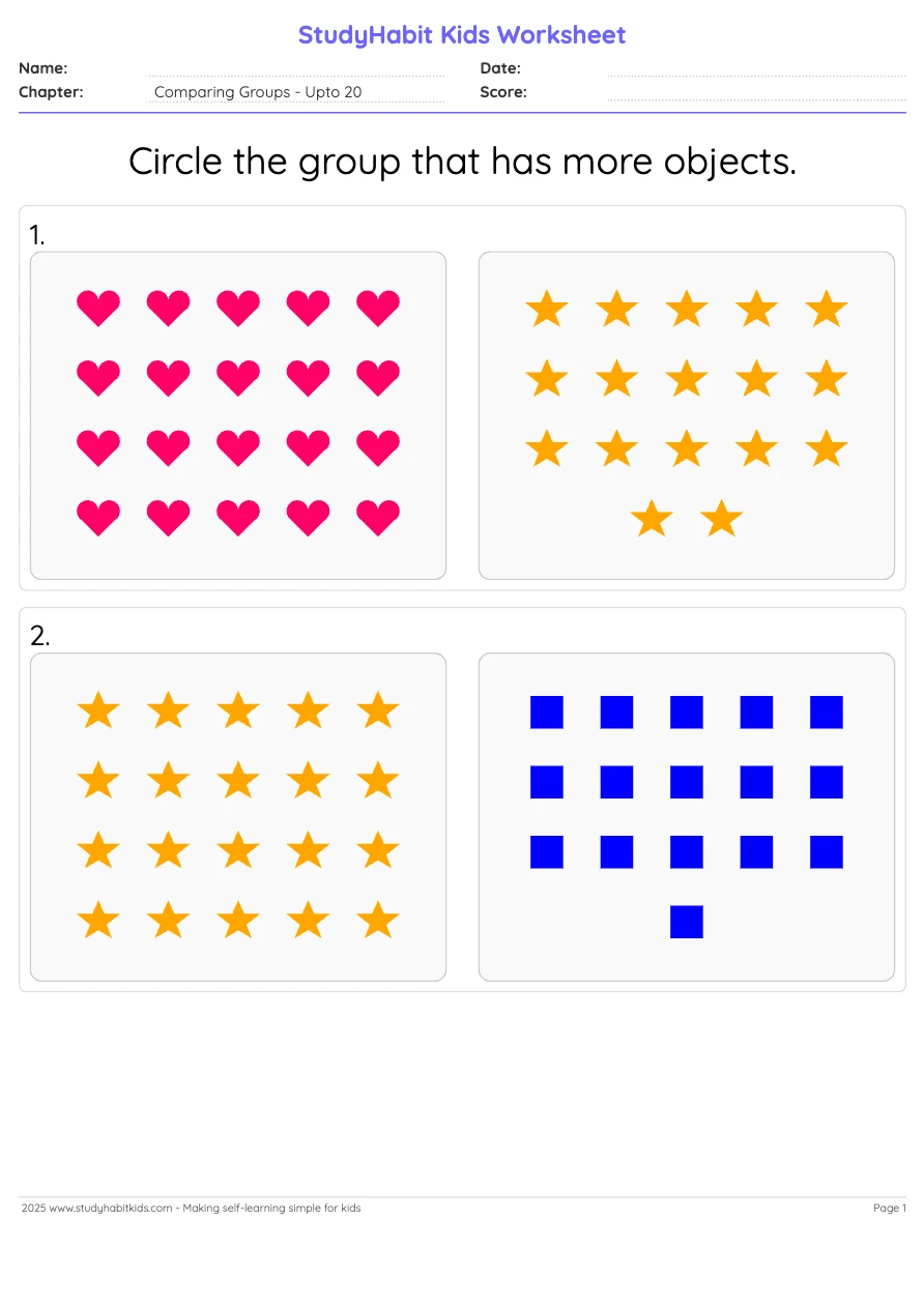 Kindergarten Comparing Identify which group has more objects upto 20 ...