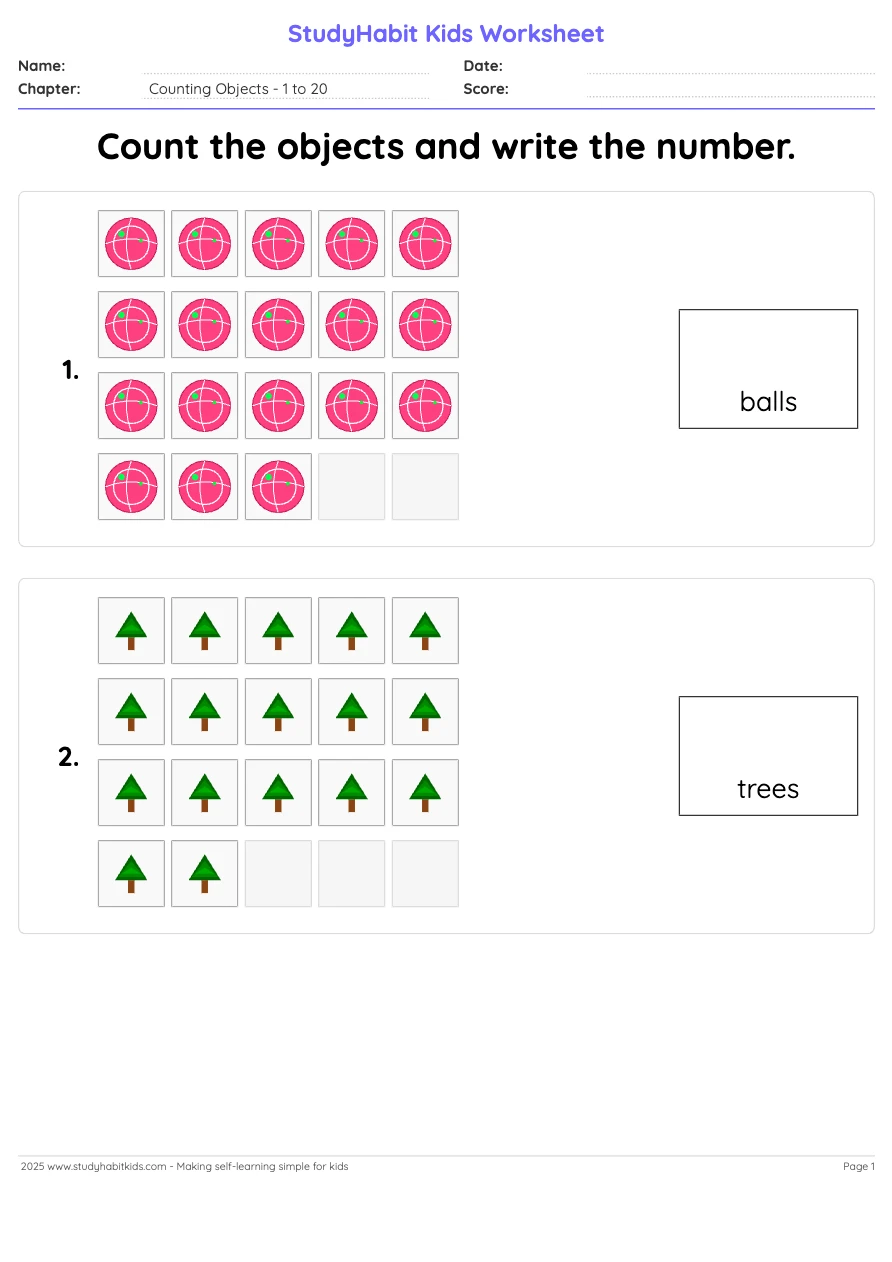 Kindergarten Counting Count and write the number of objects - 1 to 20 ...