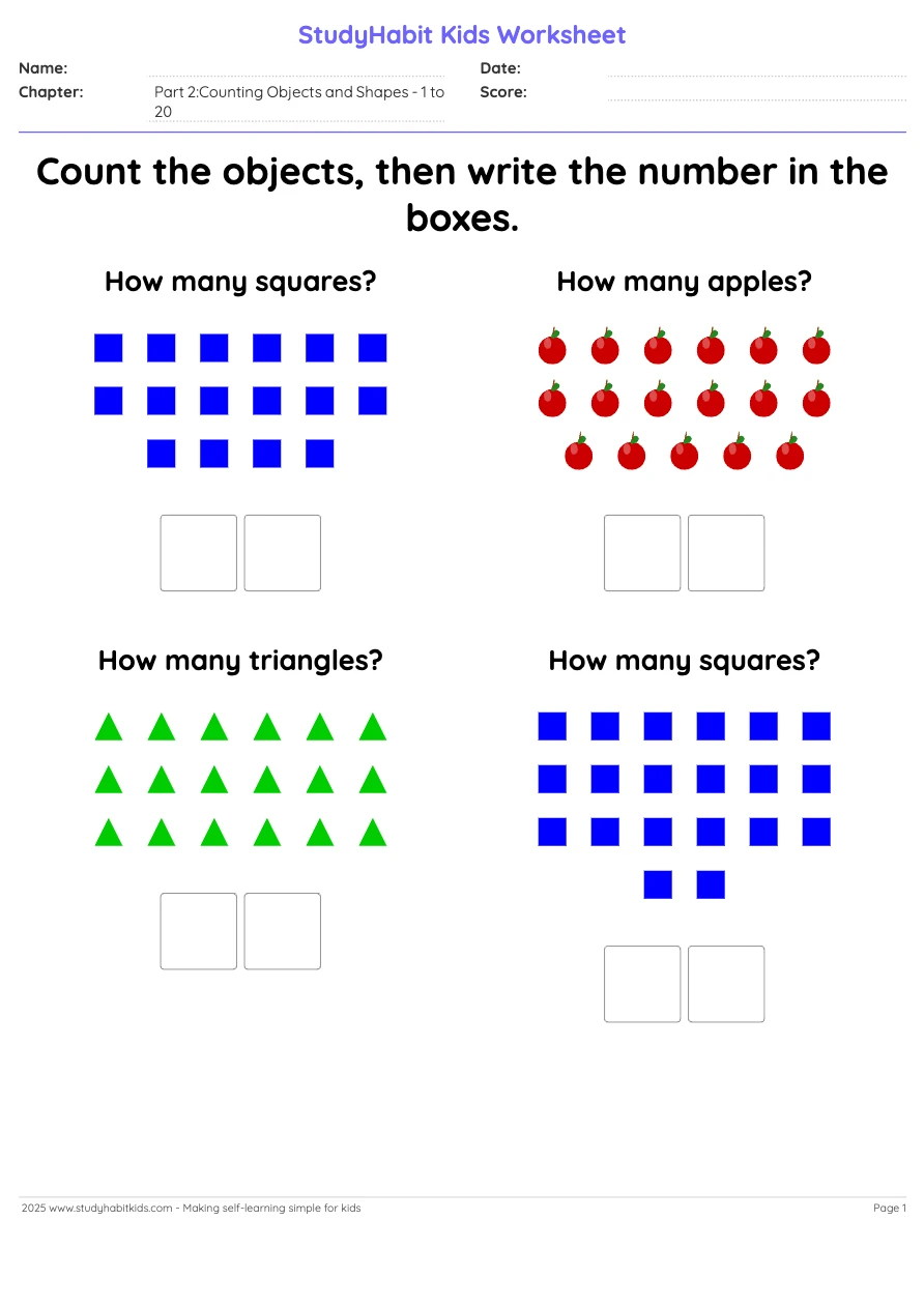 Kindergarten Counting Count and write the number of objects and shapes ...