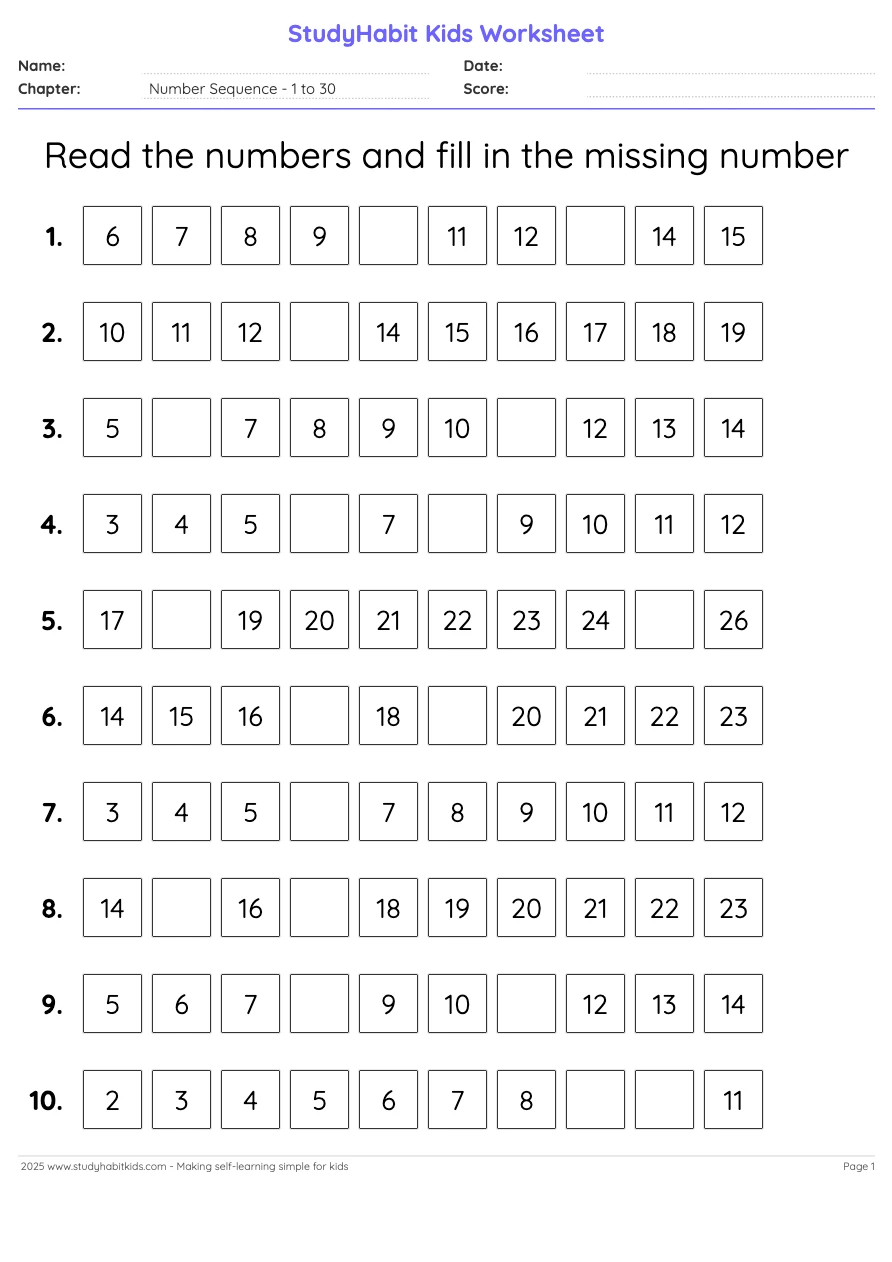Kindergarten Number Sequence Read the numbers and fill in the missing ...