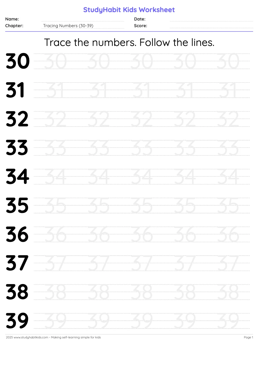 Kindergarten Number Tracing Trace the numbers 30-39 worksheet preview ...