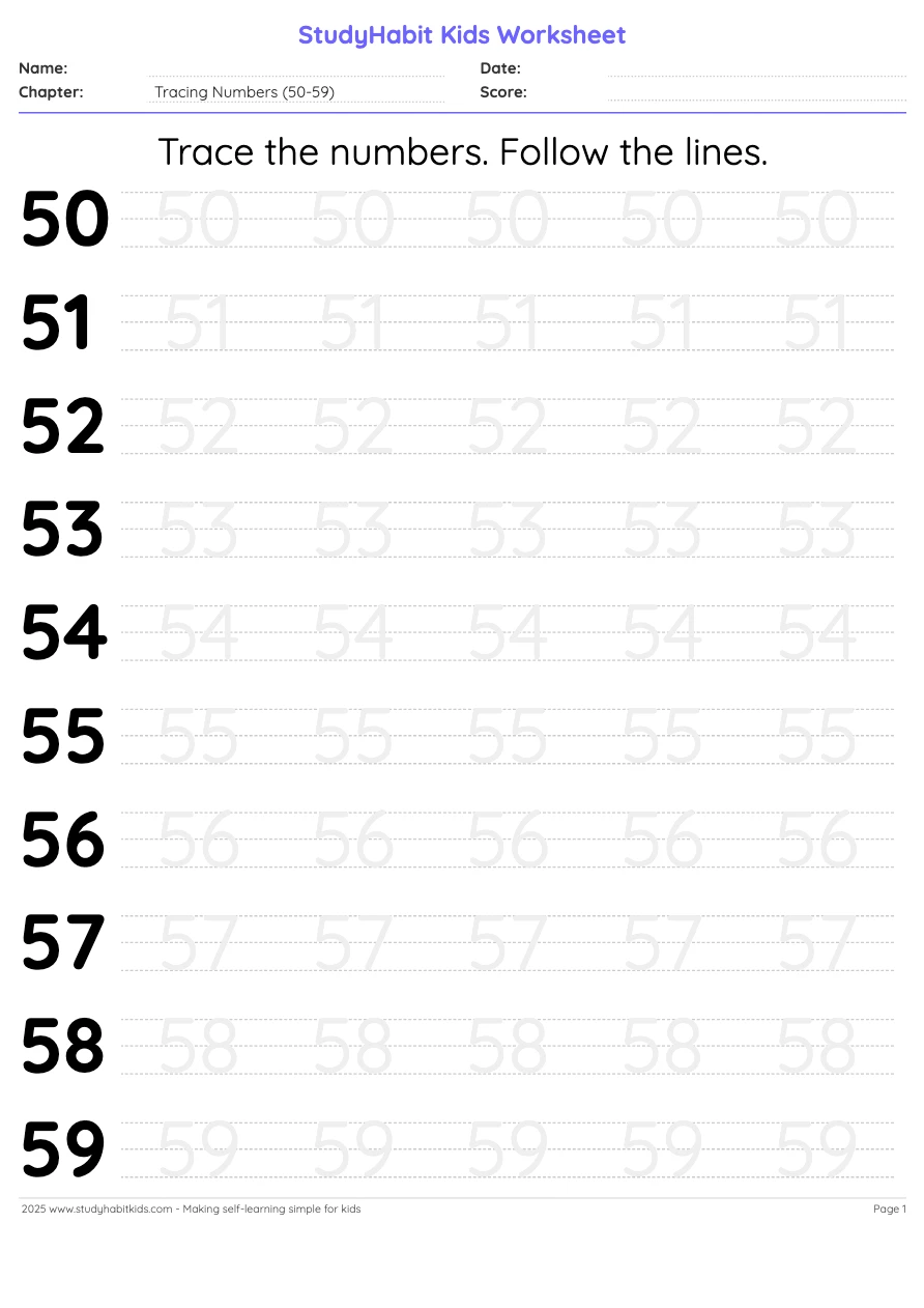 Kindergarten Number Tracing Trace the numbers 50-59 worksheet preview ...