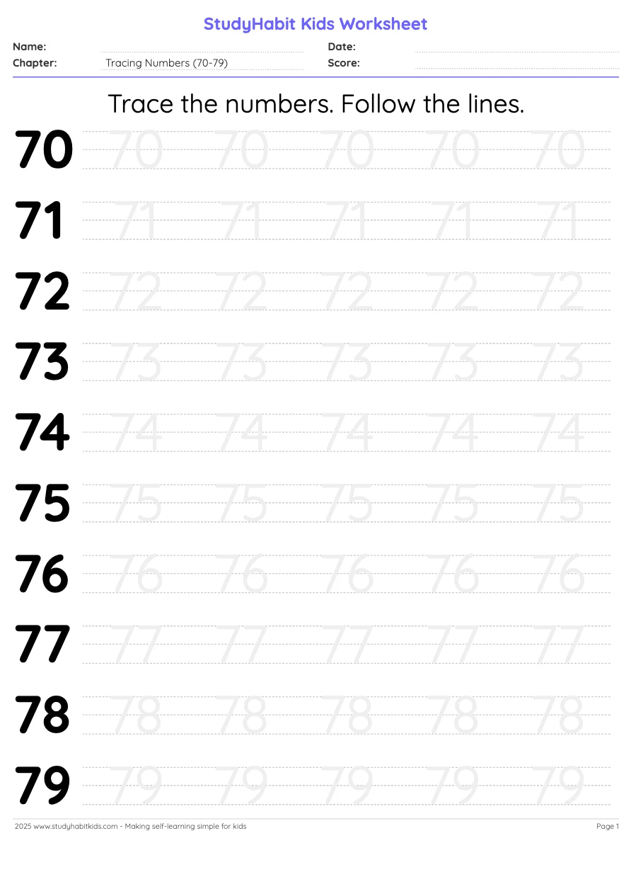 Kindergarten Number Tracing Trace the numbers 70-79 worksheet preview ...
