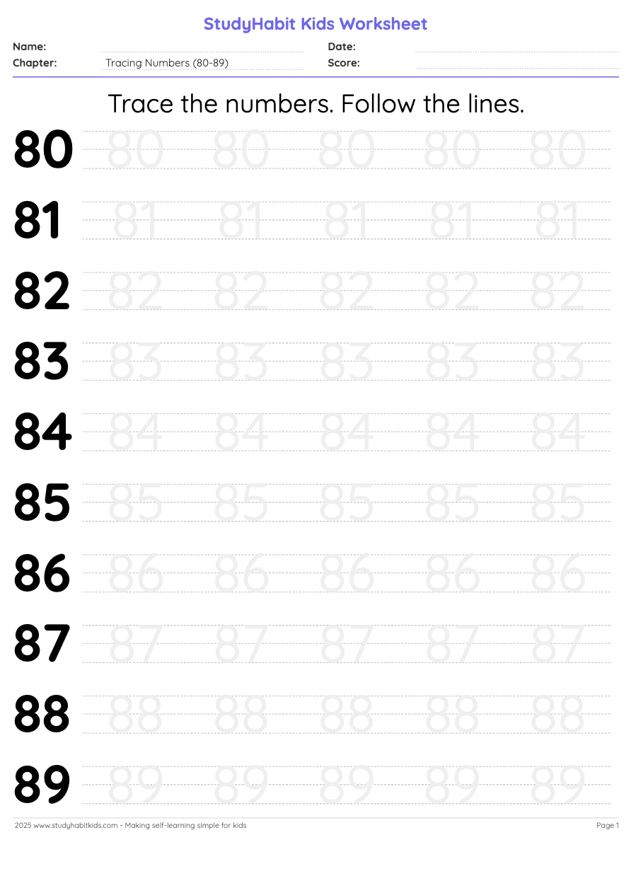 Kindergarten Number Tracing Trace the numbers 80-89 worksheet preview ...