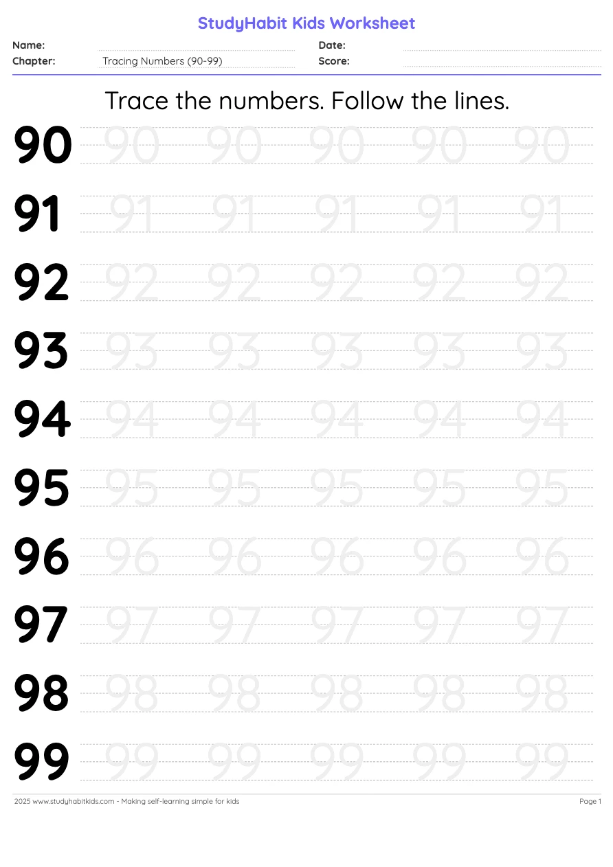 Kindergarten Number Tracing Trace the numbers 90-99 worksheet preview ...