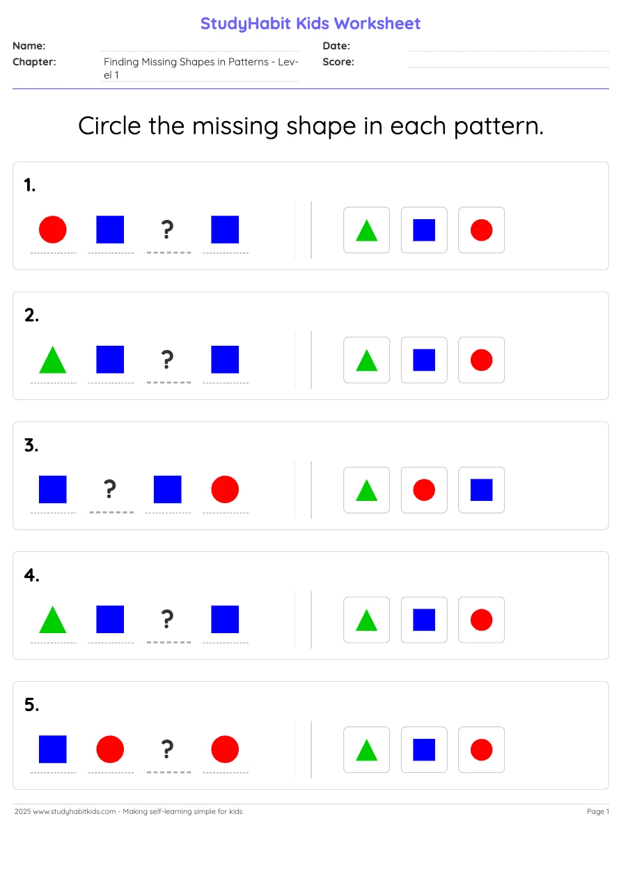 Kindergarten Patterns Find The Missing Shape In Simple Patterns