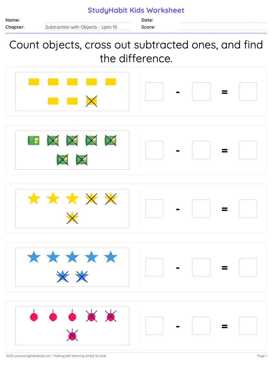 Kindergarten Subtraction Subtract objects and write the difference upto ...