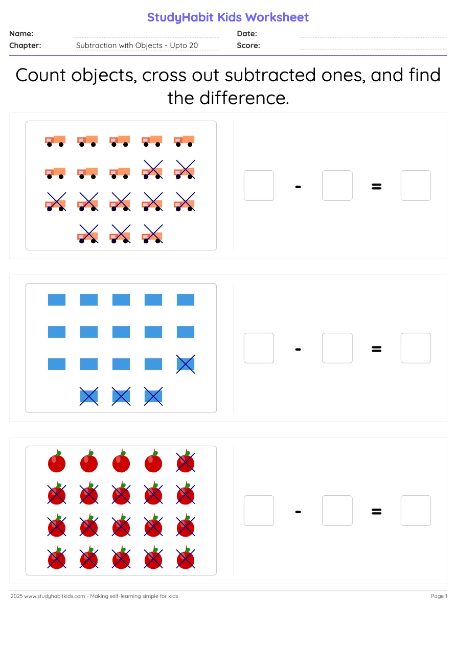 Kindergarten Subtraction Subtract objects and write the difference upto ...