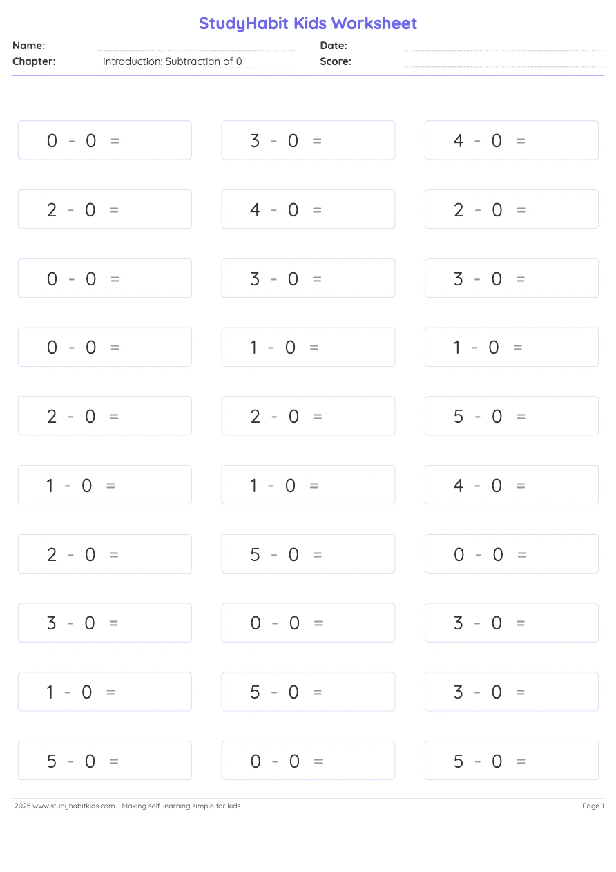 Kindergarten Subtraction Subtraction of 0 with numbers upto 5 worksheet ...