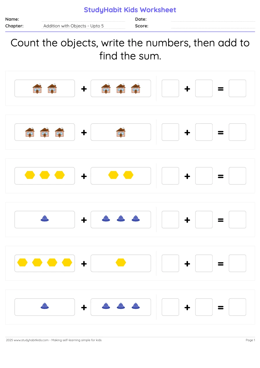 Pre-Kindergarten Addition Add objects and write the sum upto 5 ...
