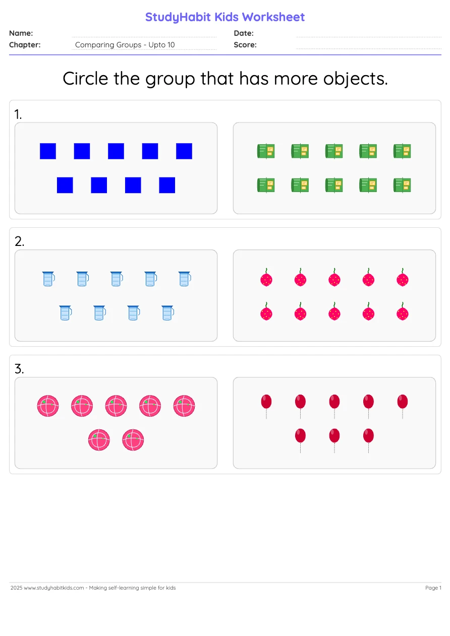 Pre-Kindergarten Comparing Identify which group has more objects upto 10 worksheet preview ...