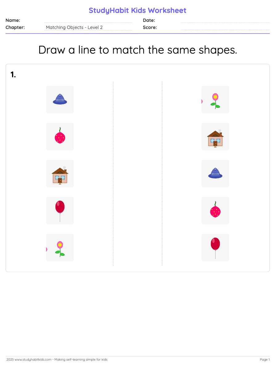 Pre-Kindergarten Matching Match 5 pairs of objects worksheet preview ...