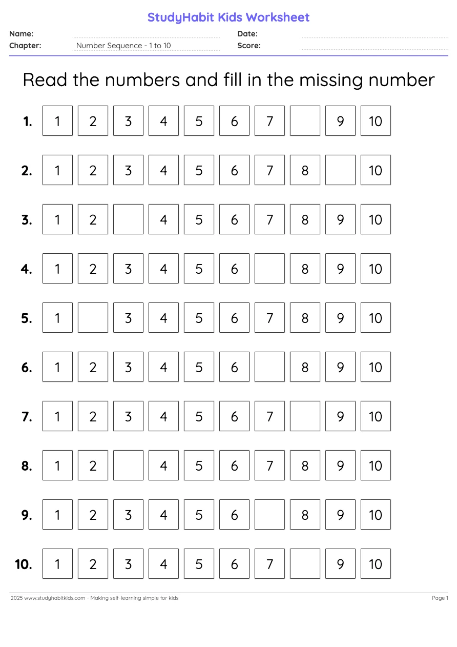Pre-Kindergarten Number Sequence Read the numbers and fill in the ...