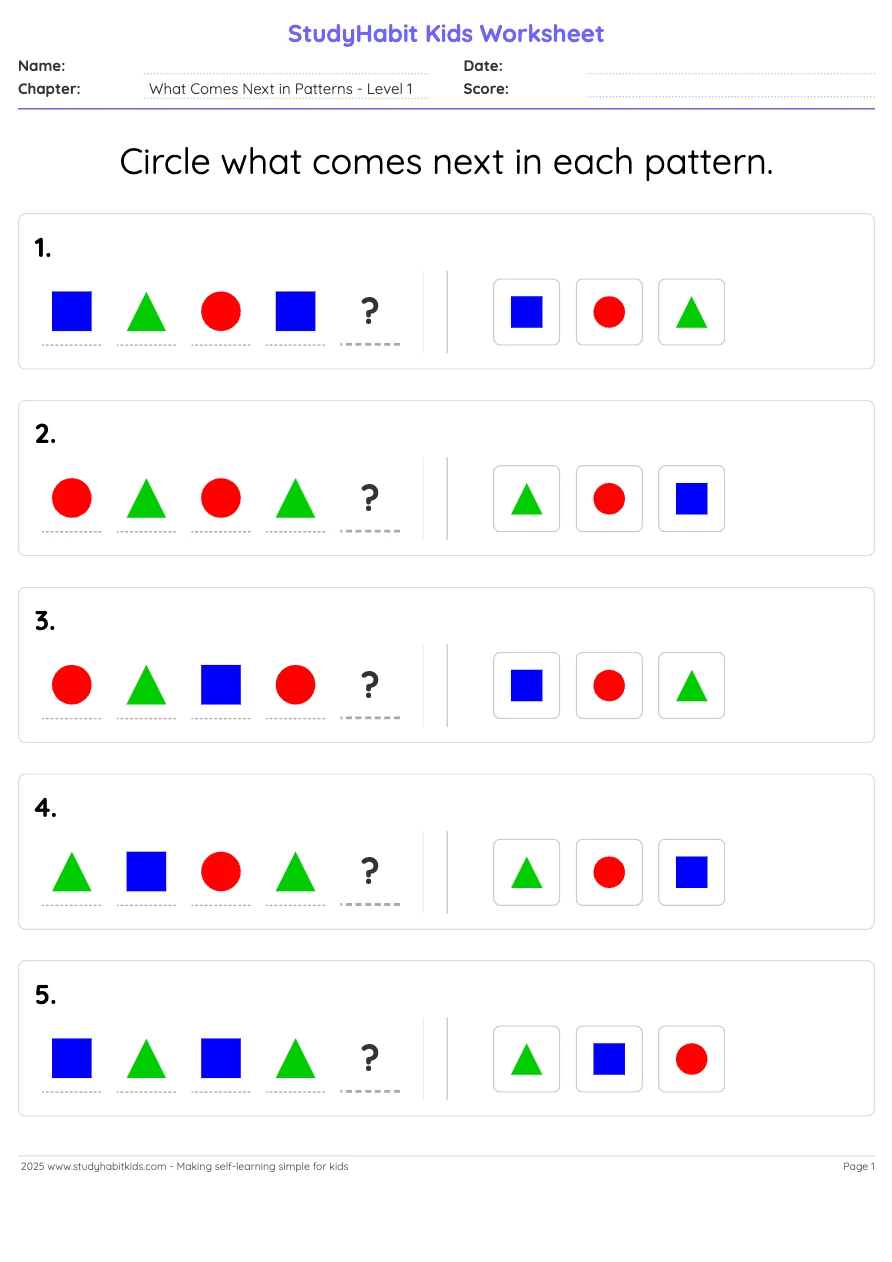 Pre-Kindergarten Patterns Identify the next shape in simple patterns worksheet preview - Free ...