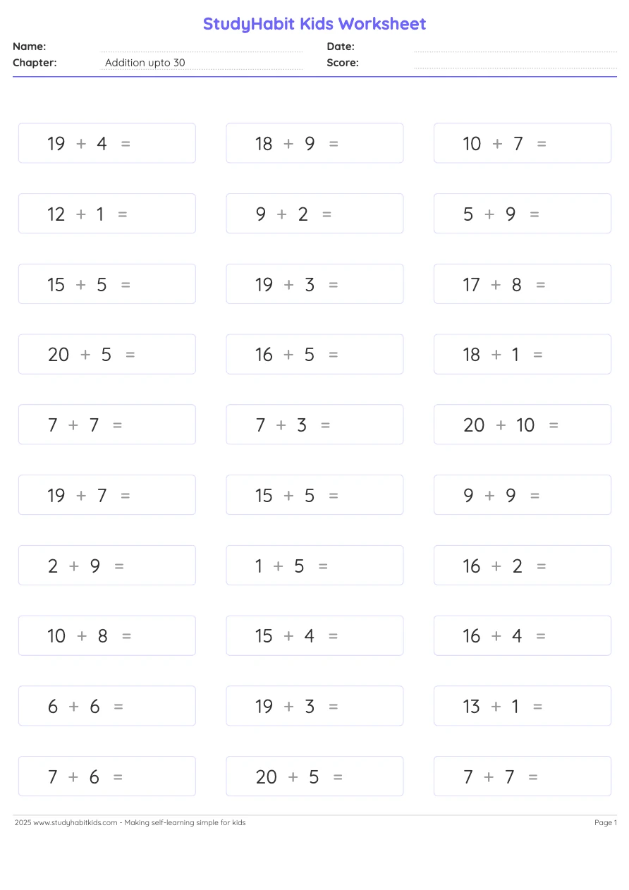 Second Grade Addition Addition upto 30 worksheet preview - Free ...
