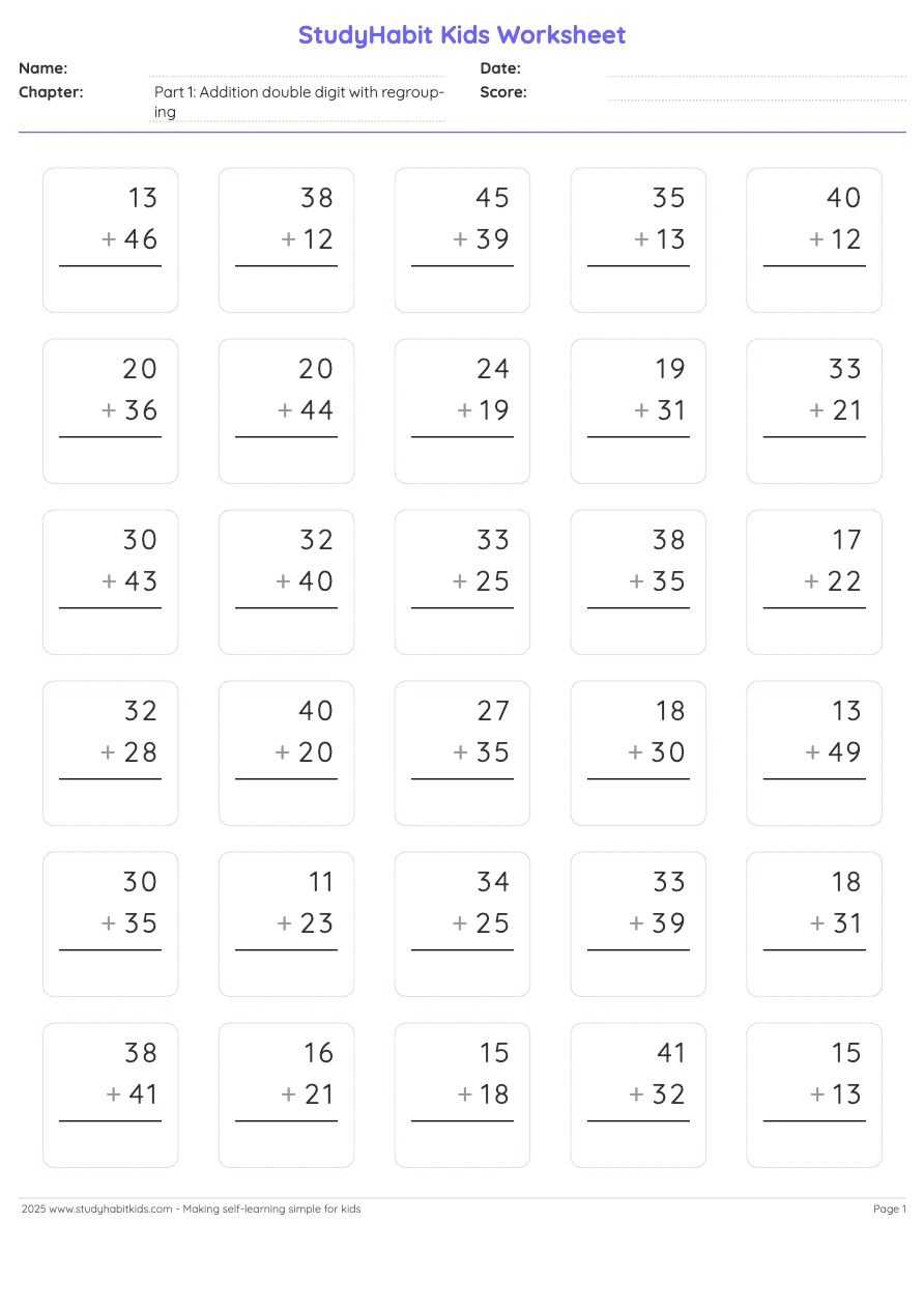 Second Grade Addition Double digit addition with regrouping upto 100 ...