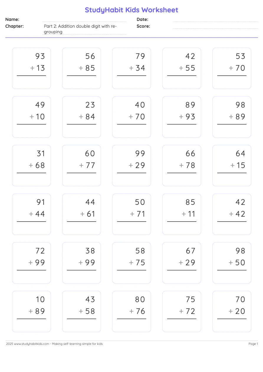 Second Grade Addition Double digit addition with regrouping upto 200 ...