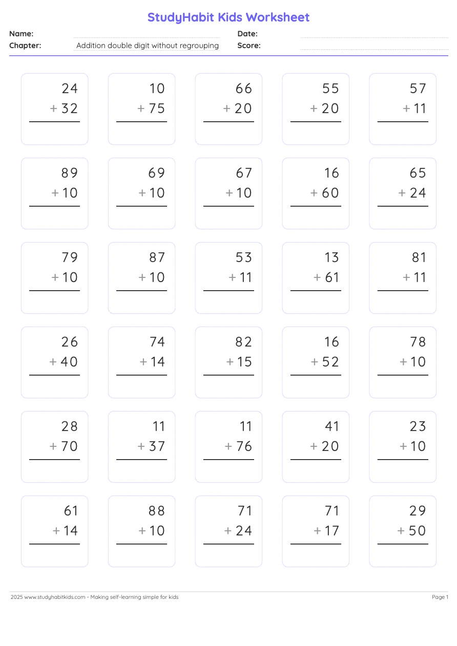 Second Grade Addition Double digit addition without regrouping ...