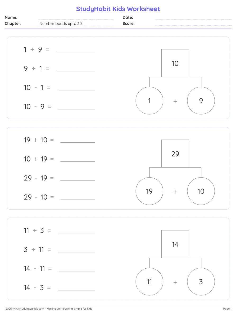 Second Grade Addition Number bonds upto 30 worksheet preview - Free ...