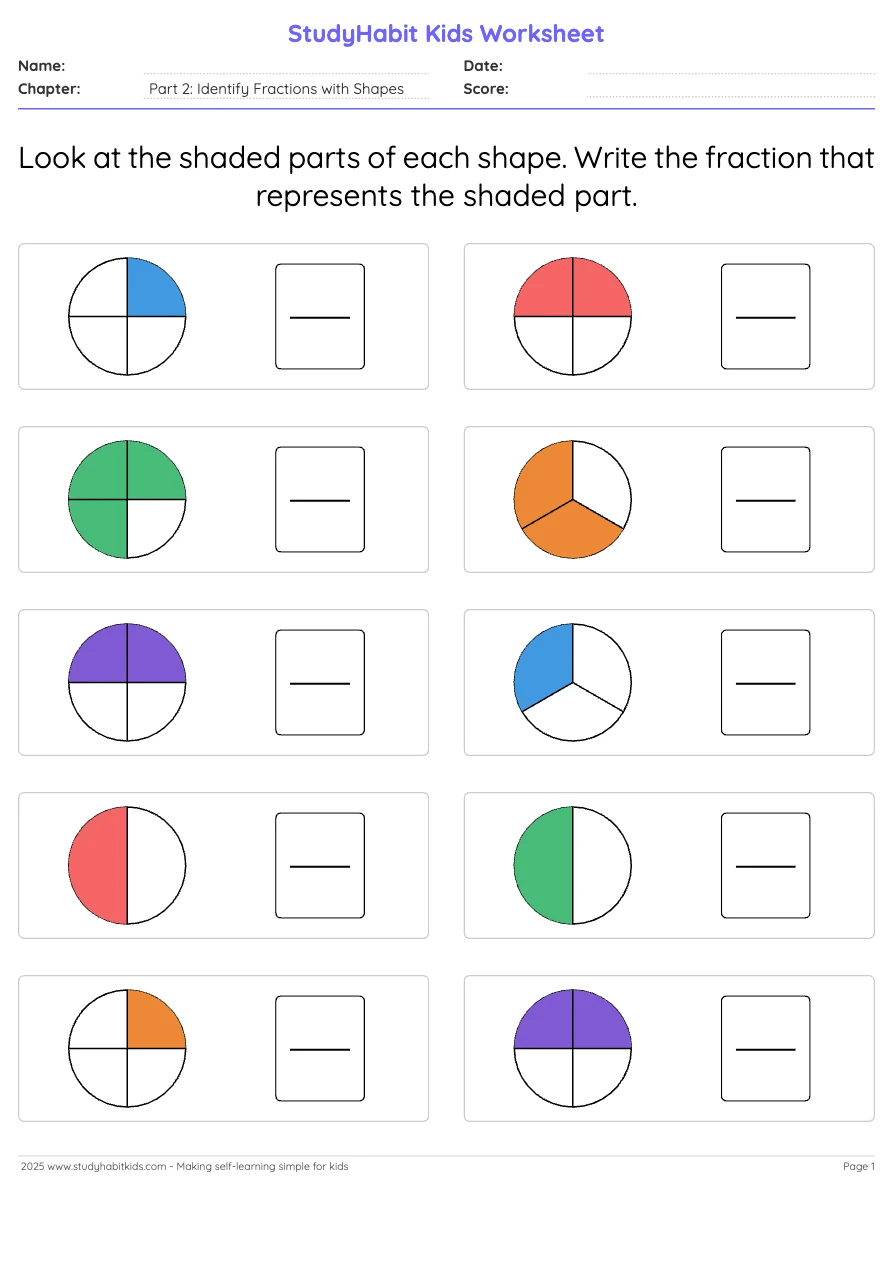 Second Grade Fractions Identify fractions with Shapes (1/2 to 3/4 ...