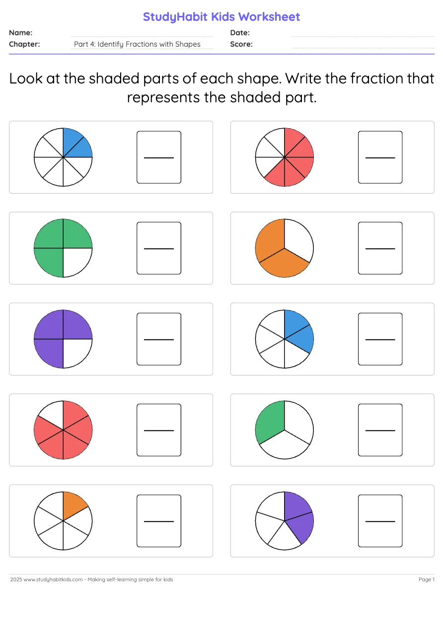 Second Grade Fractions Identify fractions with Shapes (1/2 to 7/8 ...
